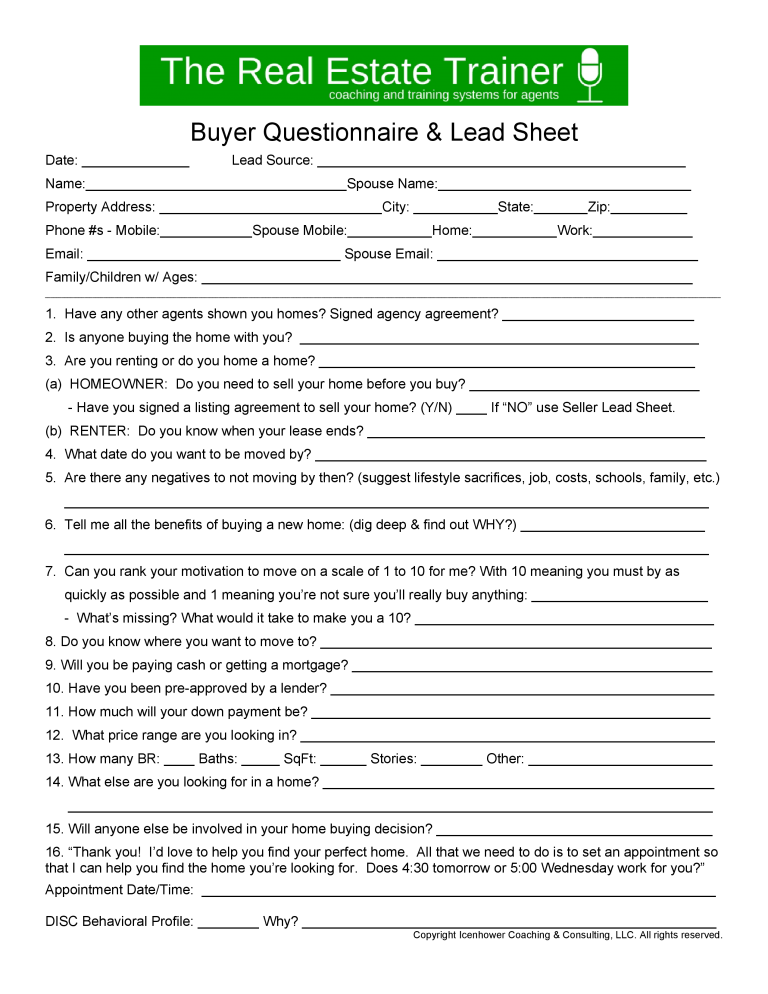 Buyer Lead Sheet and Scripts to Convert Appointments