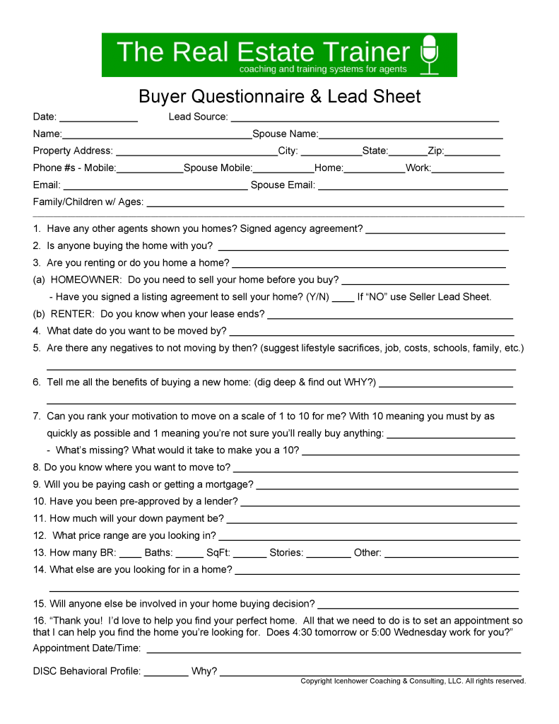 Buyer Lead Sheet and Scripts to Convert Appointments