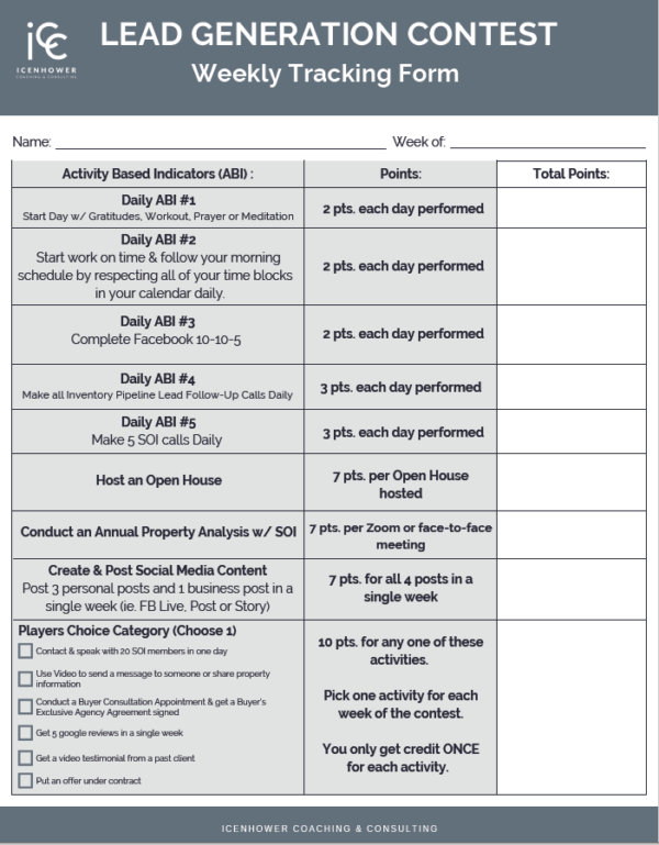 Product Lead Generation Contest Weekly Tracking Form - Real Estate ...